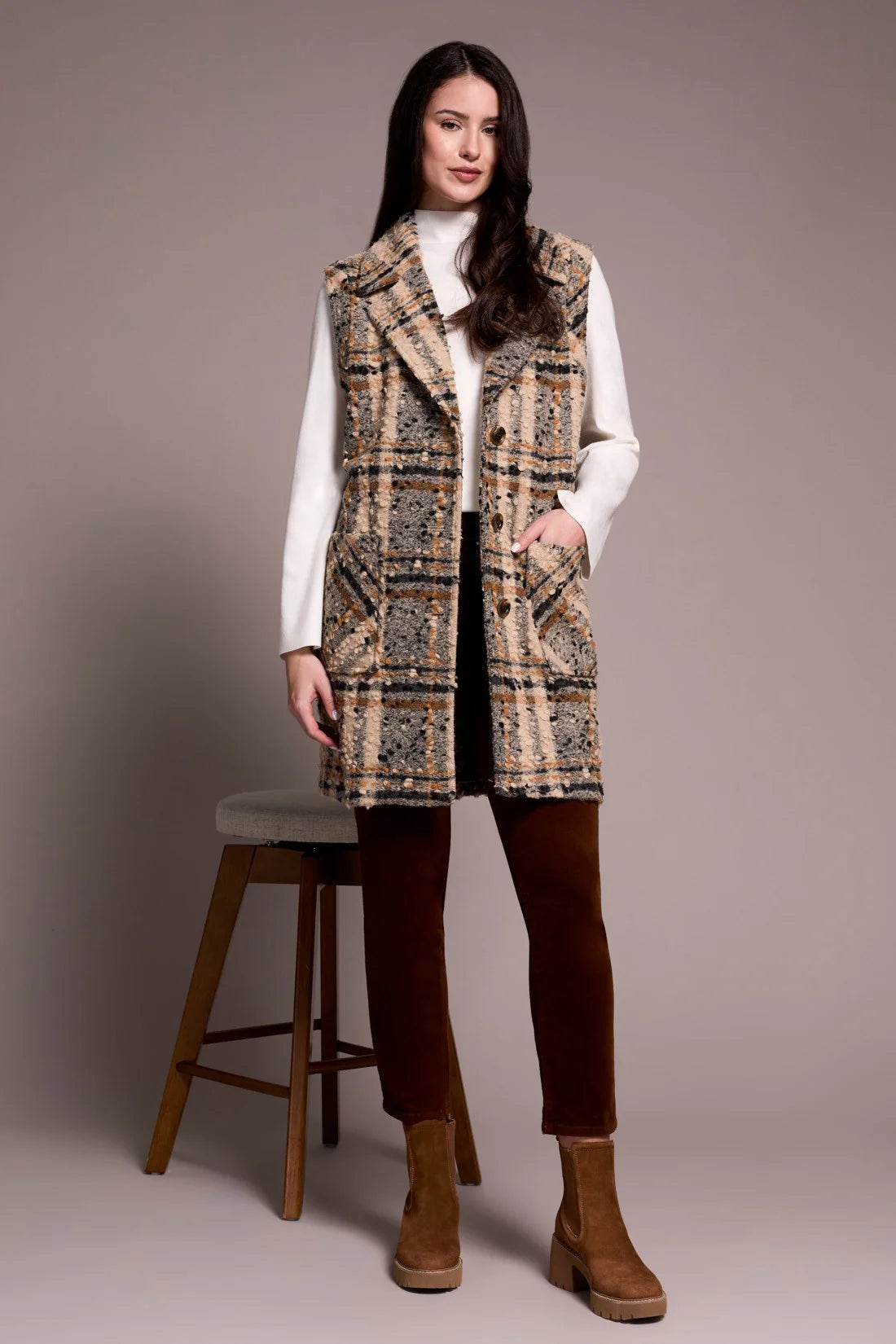 Textured Plaid Wide Notch Collar Long Vest – Pitterpattercarolinesaiken
